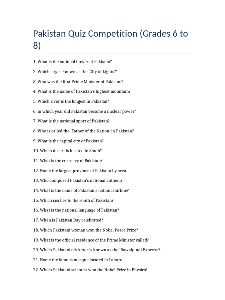 Pakistan Quiz for Grades 6-8 | PDF