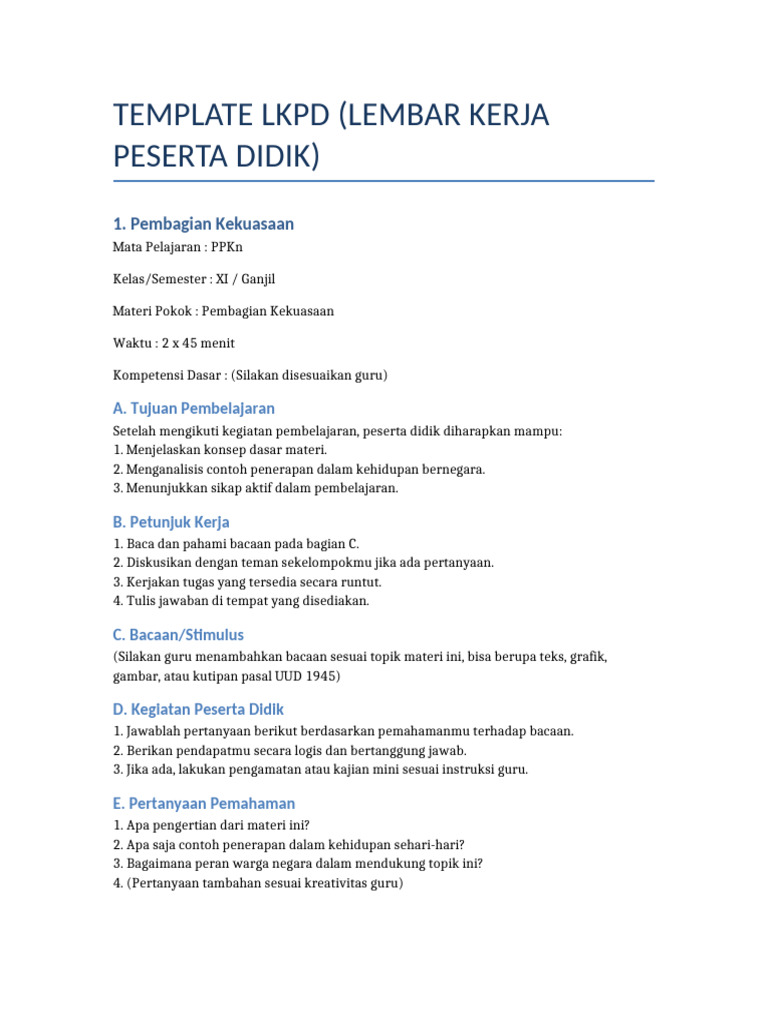 Template LKPD PPKN Kelas XI | PDF