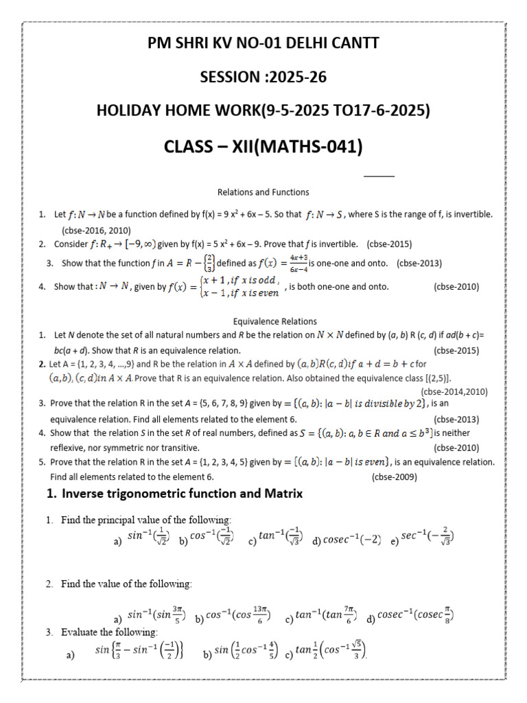 Holiday HW Maths Class 12 | PDF | Matrix (Mathematics) | Applied ...
