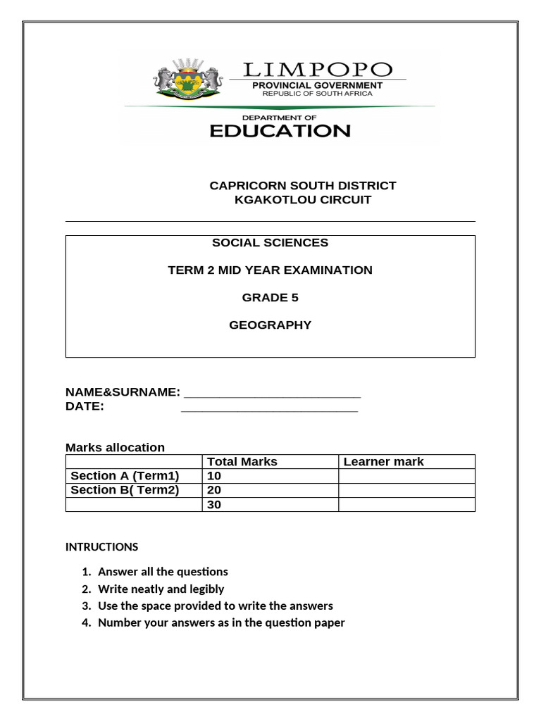 Geography Grade 5 Kgakotlou June 2024 | PDF | Earth Sciences | Physical Geography
