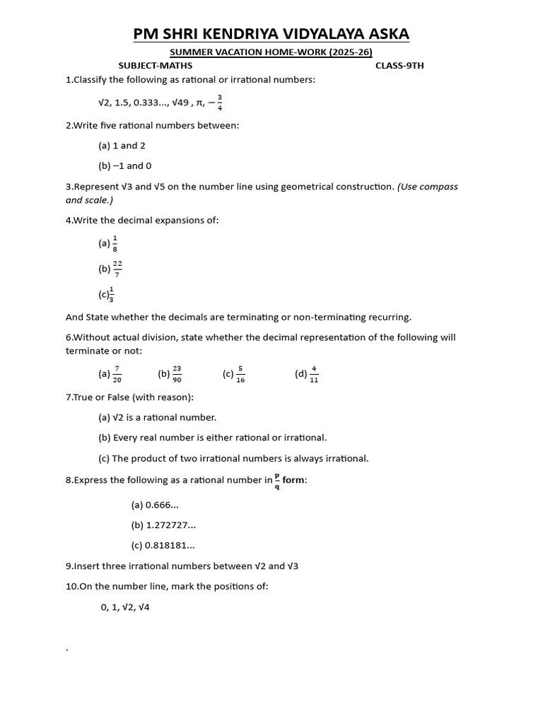 Ix Maths Summer Holiday Homework | PDF