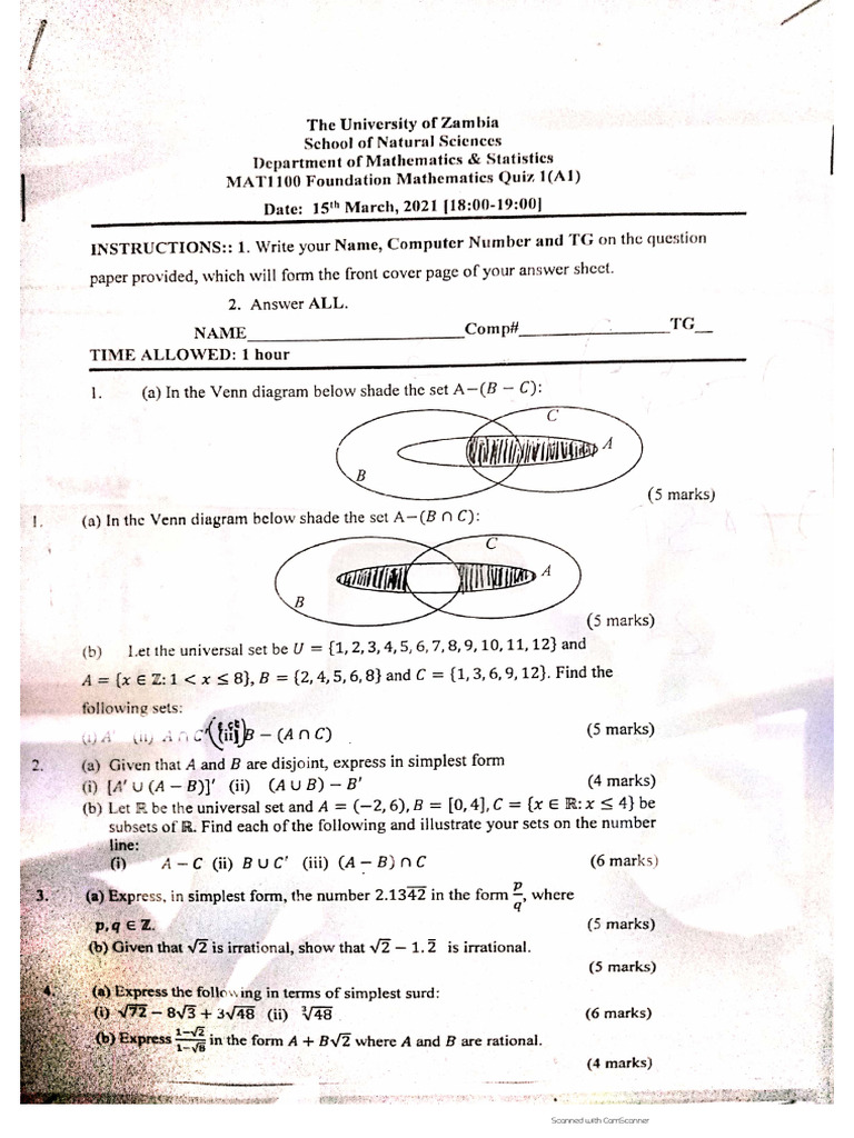 MAT 1100 Quiz 1 A 2021 | PDF