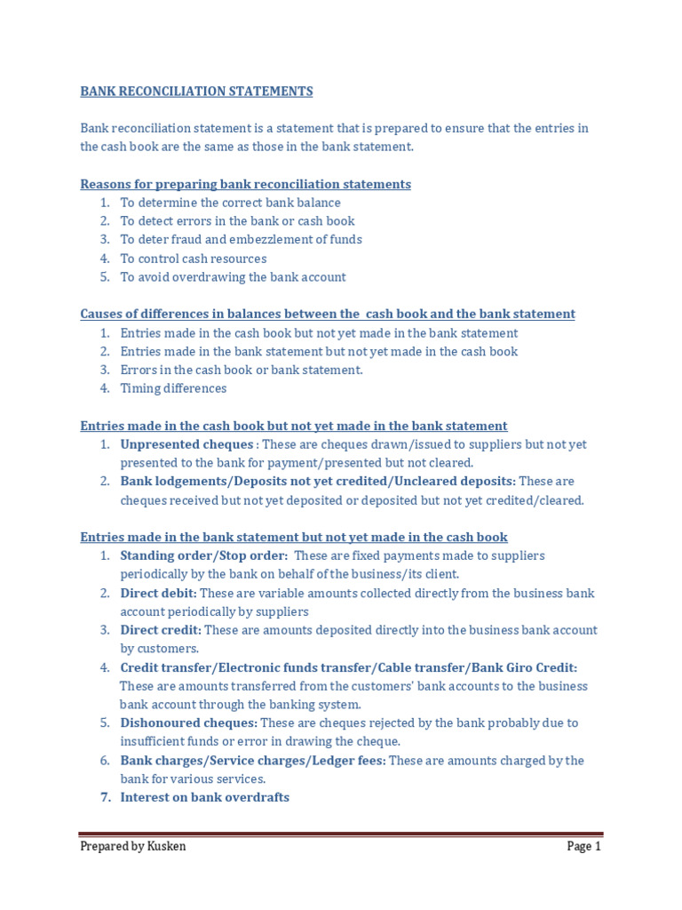 Bank Reconciliation Statements Notes | PDF | Banks | Cheque