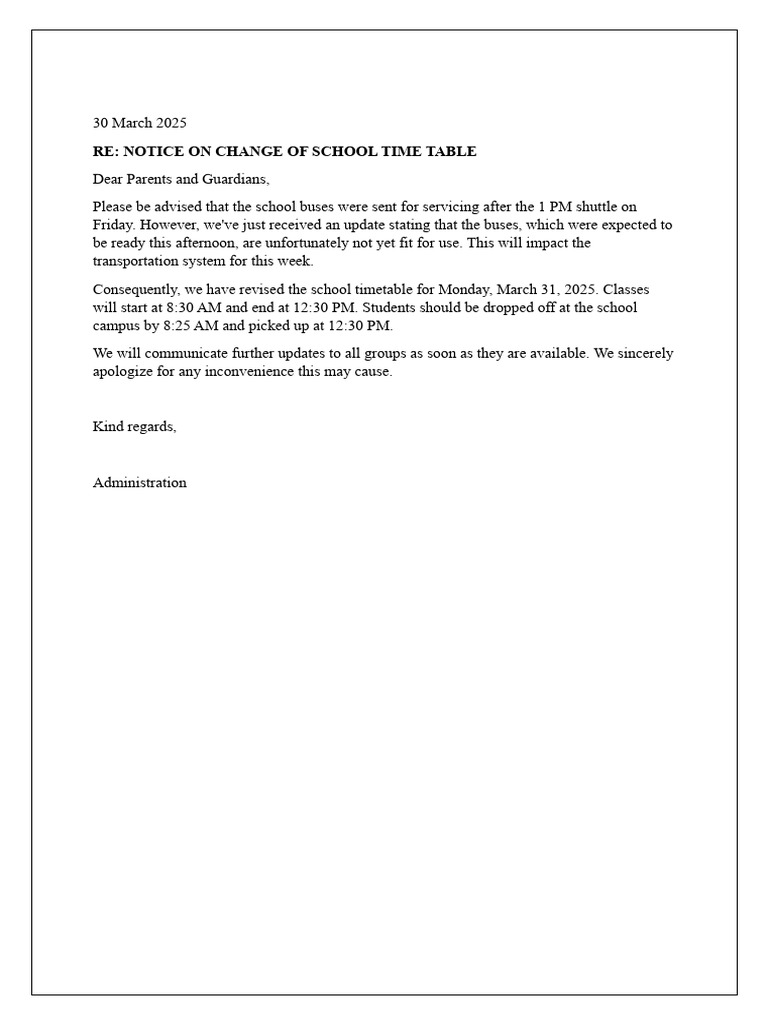 Adjustment of School Time Table Memo | PDF