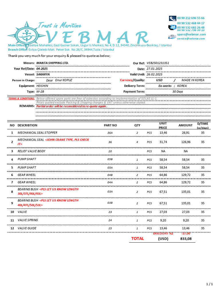 MV Sakarya Spare Parts Quotation | PDF | Mechanical Engineering ...