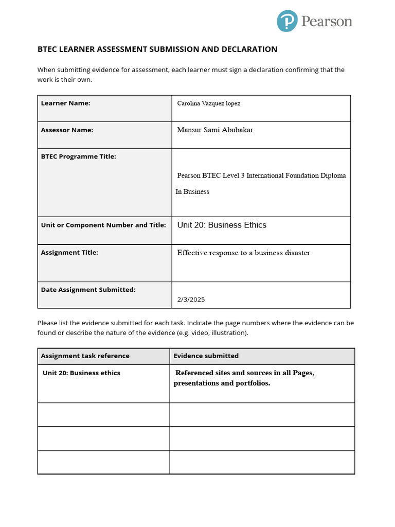 Unit 20. Btec Learner Assessment Submission and Declaration | PDF
