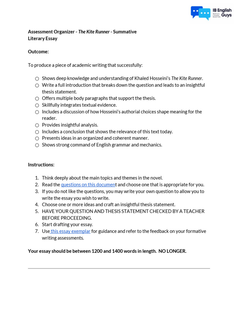 9 - Summative Assessment - The Kite Runner - Literary Essay | PDF