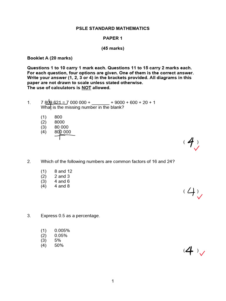 PSLE 2024 Mathematics Paper 1 | PDF | Arithmetic | Mathematics