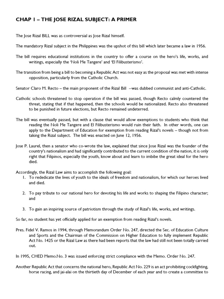Chap 1 - The Jose Rizal Subject - A Primer | PDF