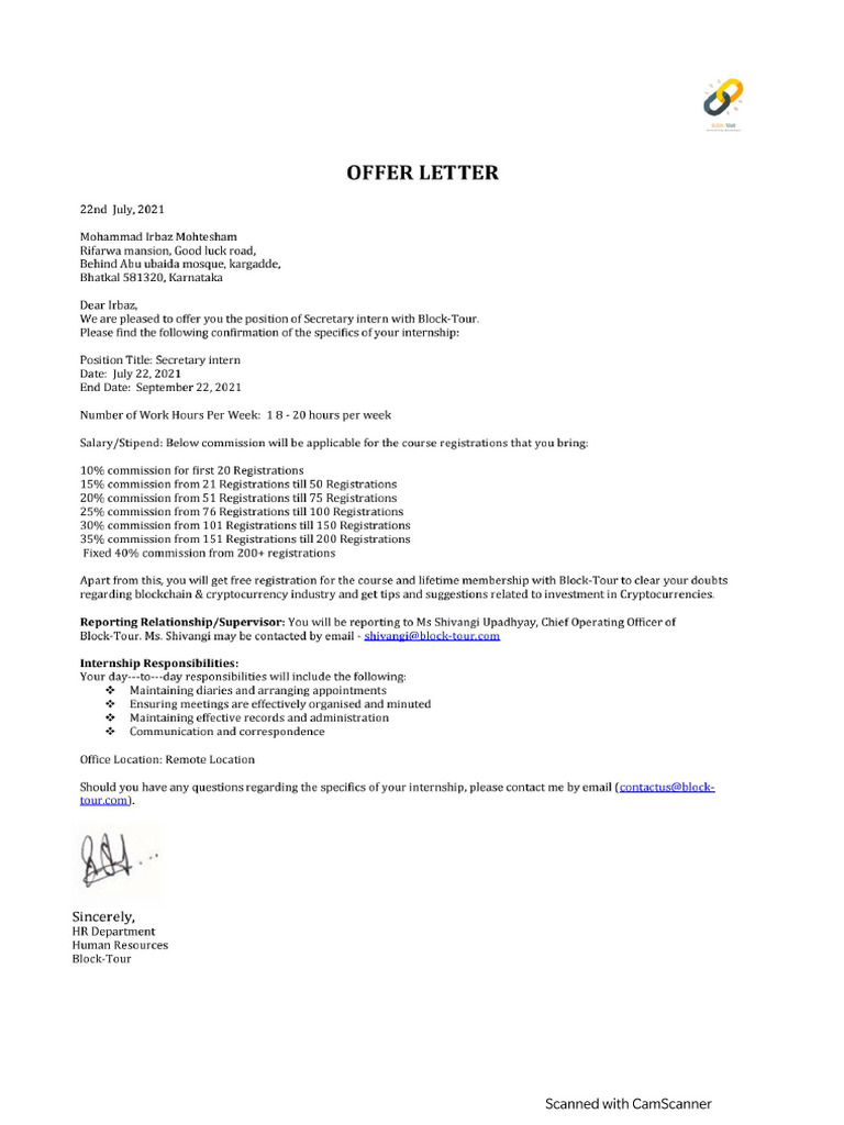 Offer Letter Irbaz Block-Tour (Attached) | PDF