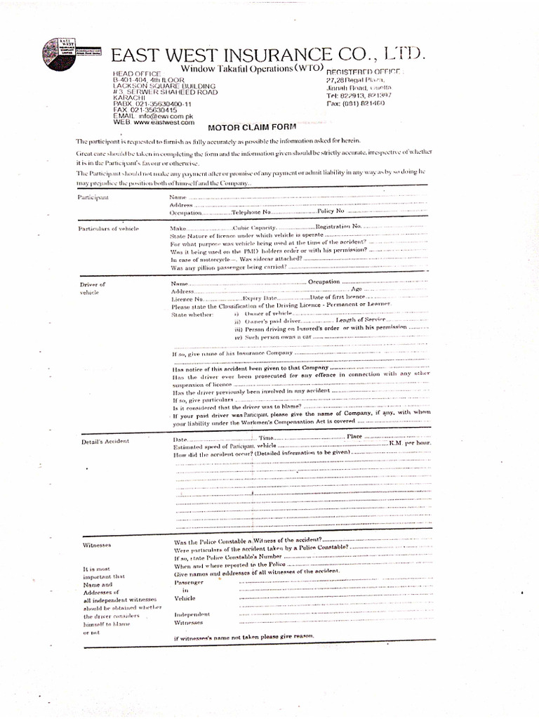 Motor Claim Form | PDF