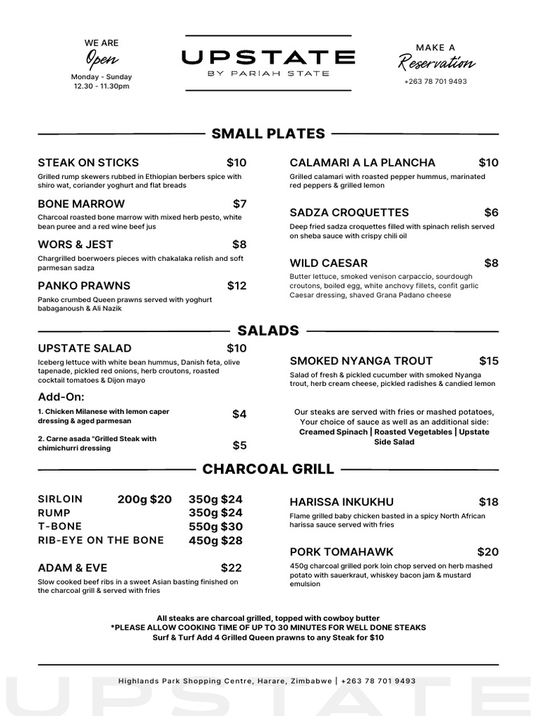 Upstate Restaurant Menu - Harare | PDF | Grilling | Salad