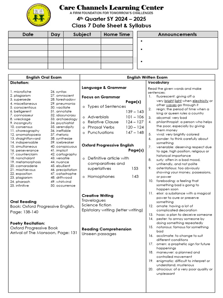 C7 Date Sheet & Syllabus 3rd Qtr SY 2024-25-1 (1) | PDF | Jesus | English Language