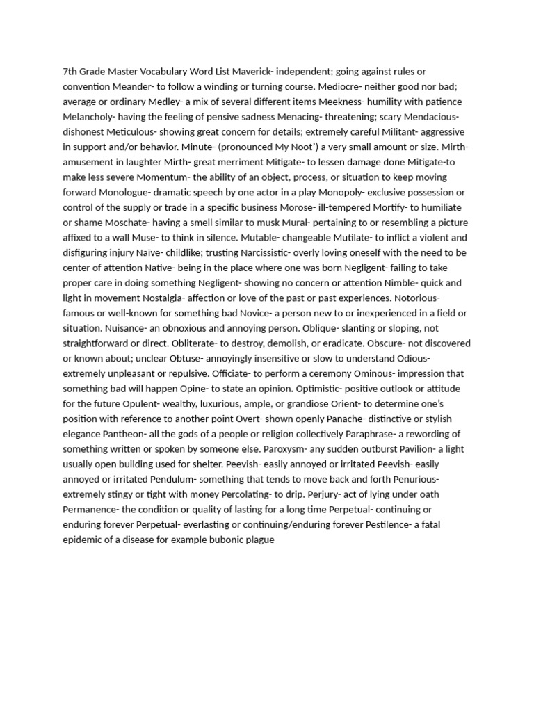 7th Grade Master Vocabulary Word List Maverick | PDF | Psychology
