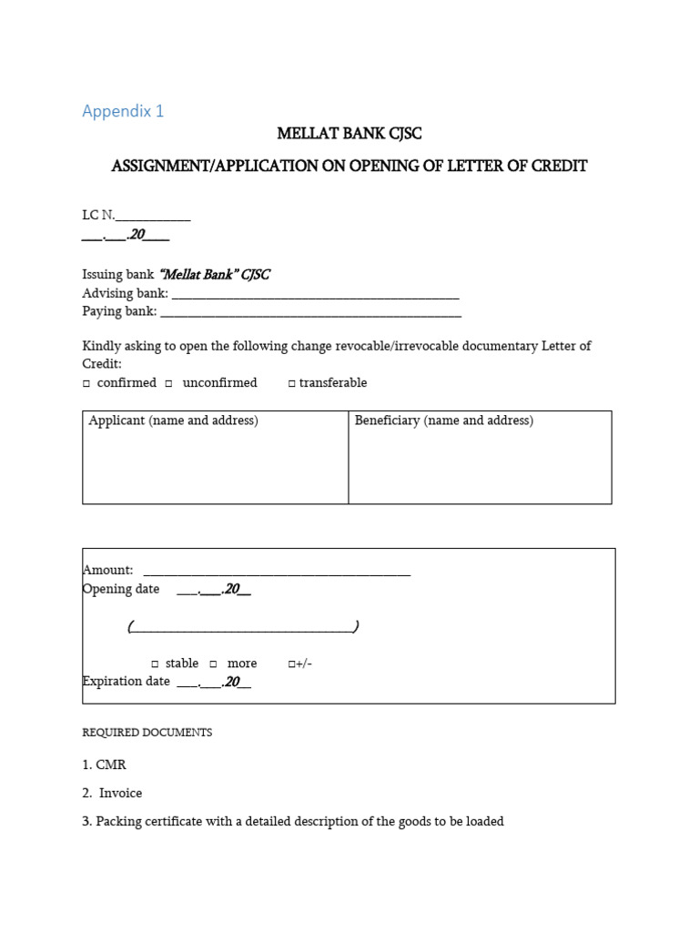 Appendix 1: Mellat Bank CJSC Assignment/Application On Opening of Letter of Credit | PDF ...