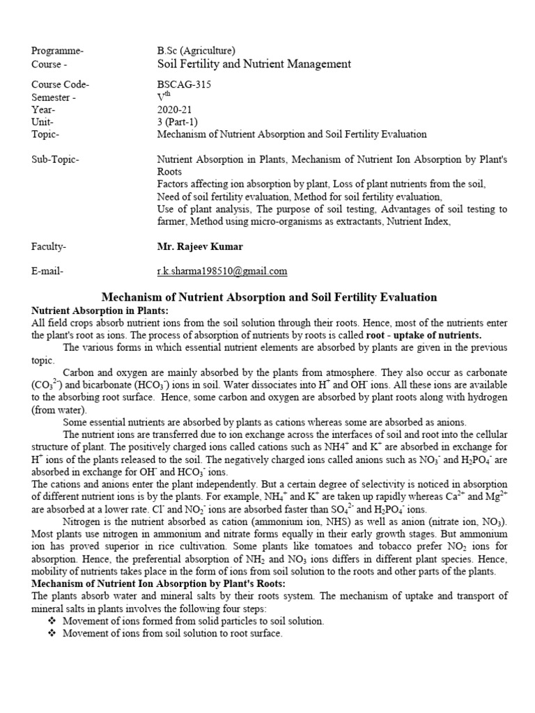 Mechanism of Nutrient Absorption and Soil Fertility Evaluation (BSCAG-315) (U-3, P-1) | PDF ...