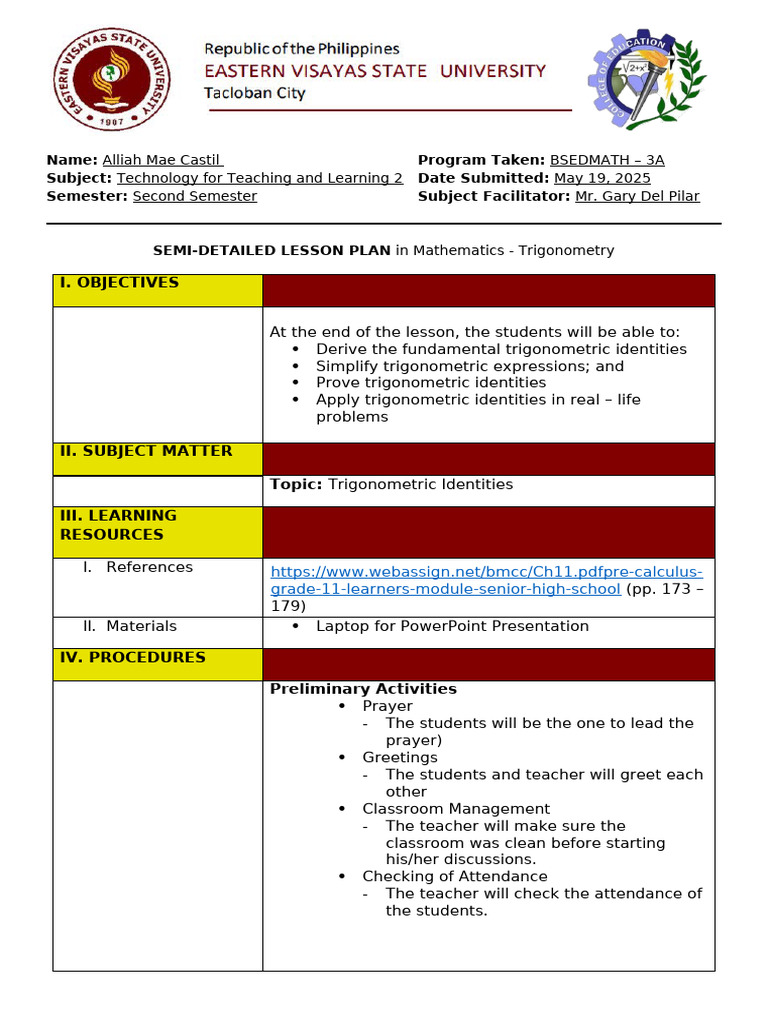 4a's Lesson Plan_trigonometric Identities | PDF | Trigonometric ...