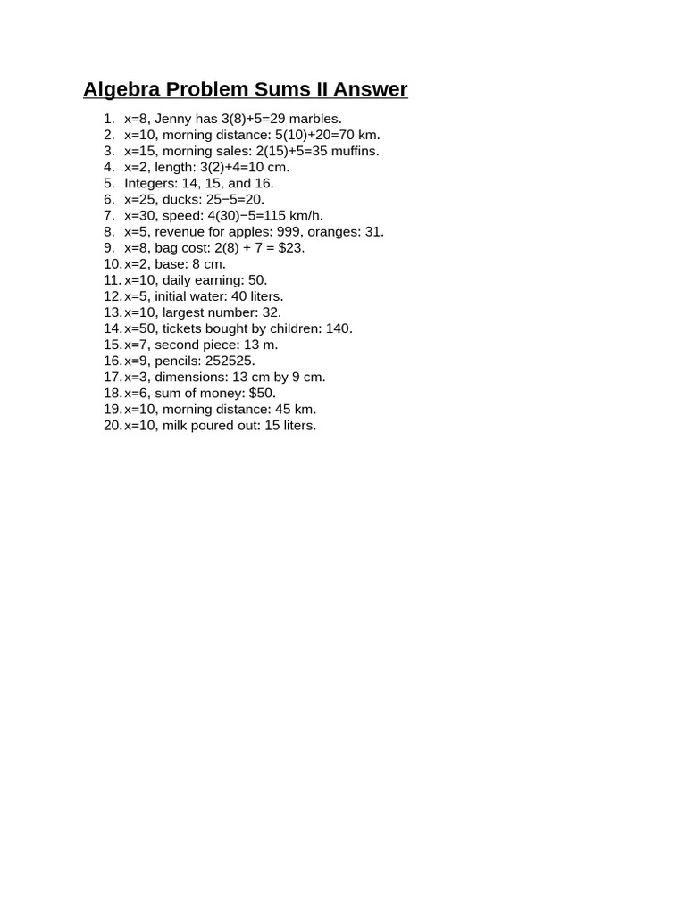 Algebra Problem Sums II Answer | PDF