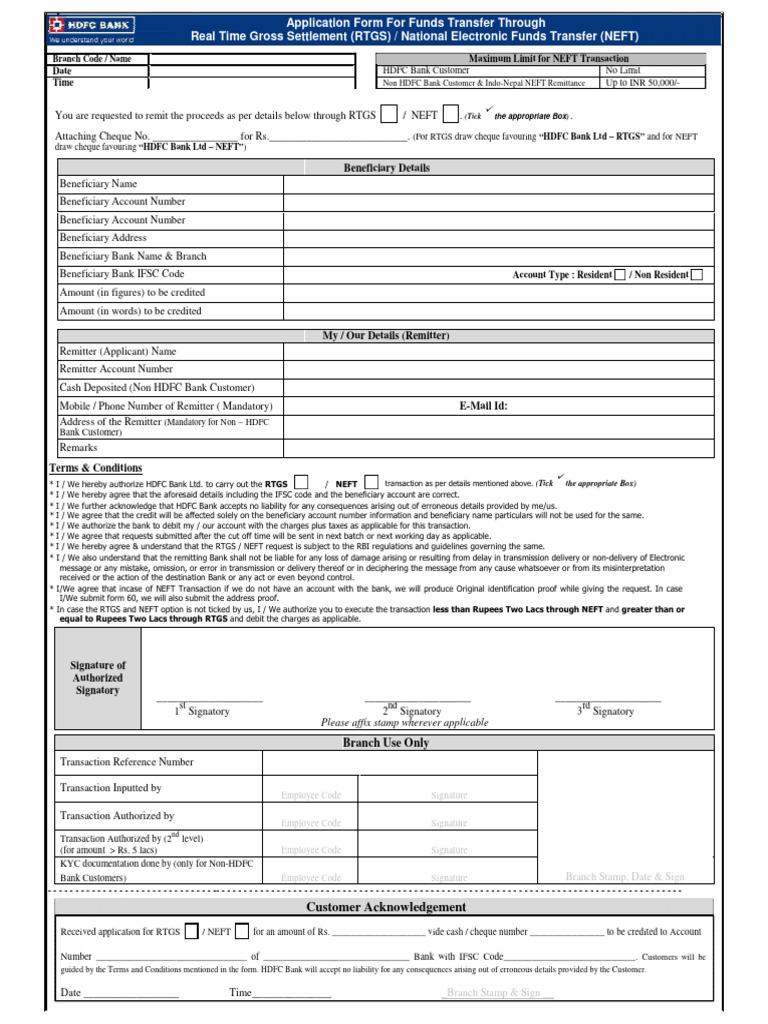 HDFC Neft - Rtgs - Form-Blank | PDF | Banking Technology | Money
