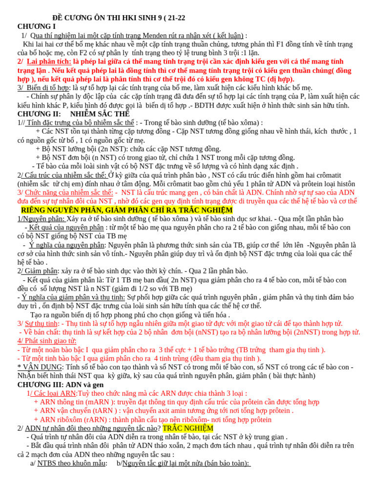 Đề cương ôn thi HKI Sinh 9 2021-2022 (1) | PDF