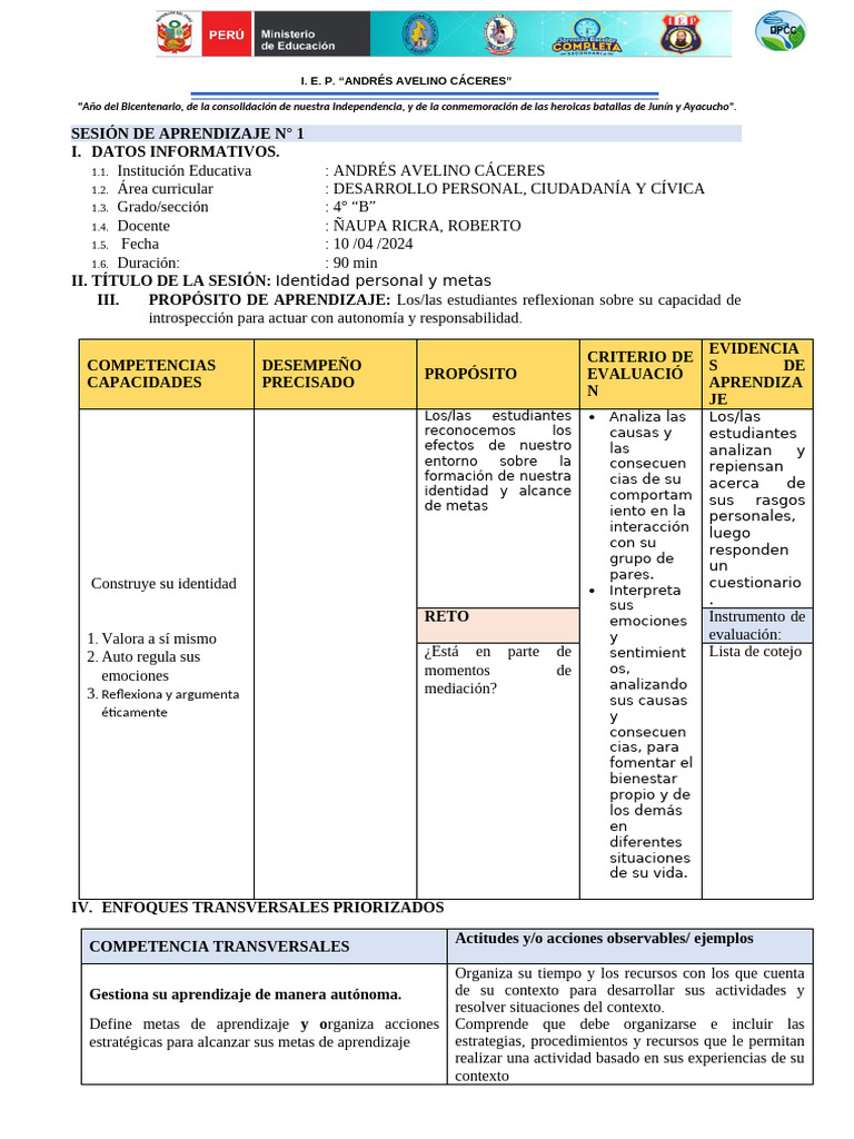 SESION - N°01 - DE - DPCC Identidad Personal y Metas | PDF | Aprendizaje | Motivación