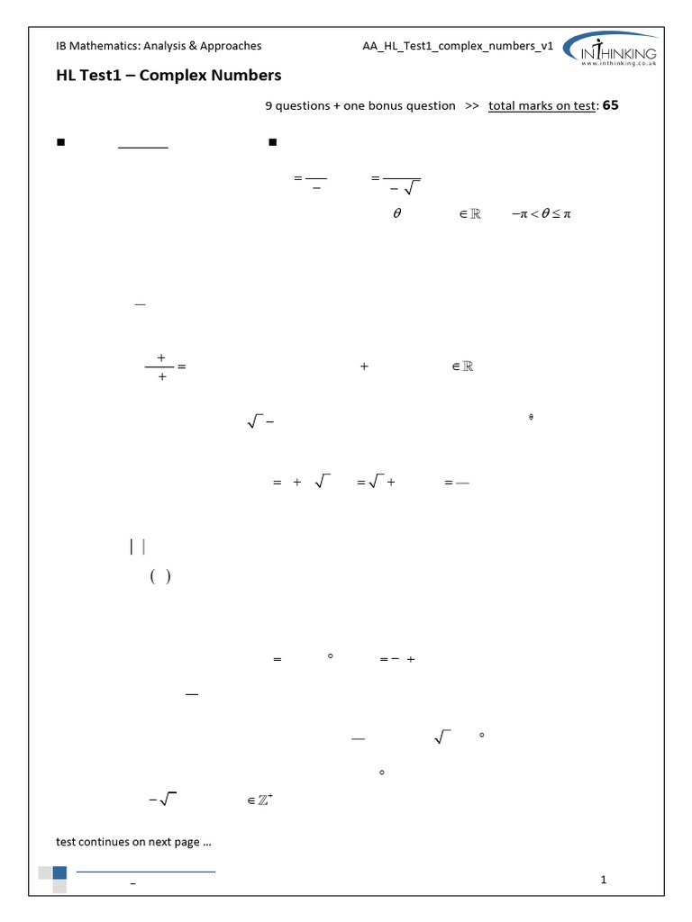 HL Test on Complex Numbers | PDF | Arithmetic | Elementary Mathematics