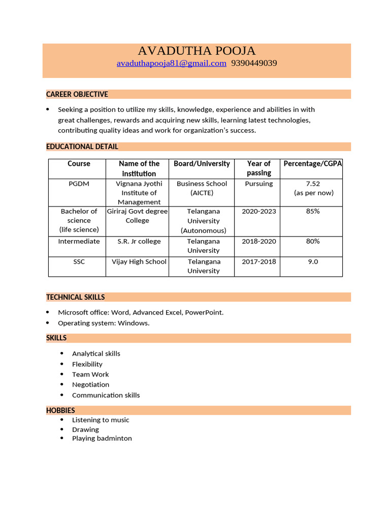 Avadutha Pooja. Resume (1) - 1-1 | PDF