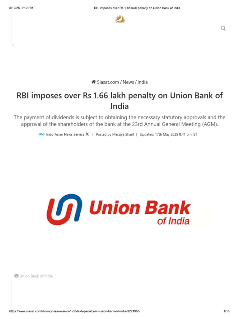 RBI Imposes Over Rs 1.66 Lakh Penalty On Union Bank of India | PDF ...