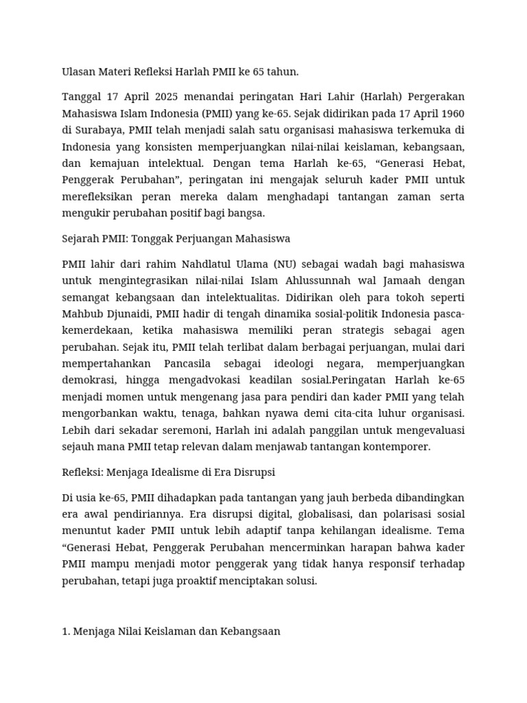 Harlah PMII ke-65: Generasi Penggerak Perubahan | PDF