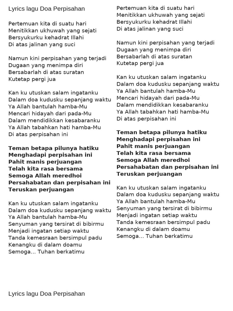 Lyrics Lagu Doa Perpisahan | PDF