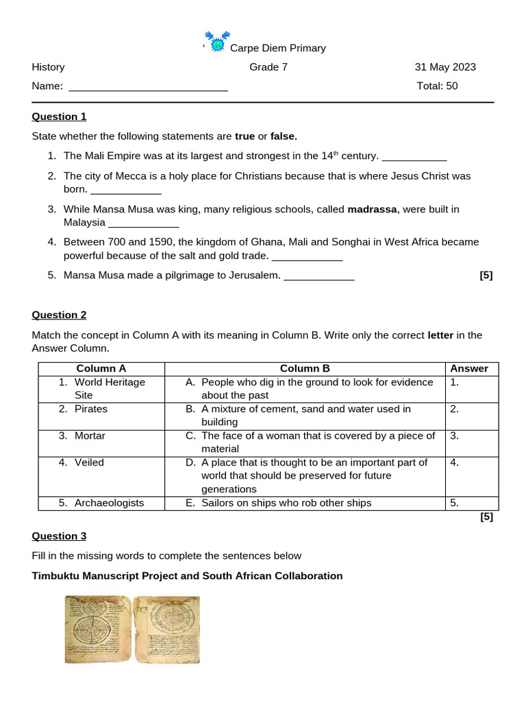 Grade 7 History Assessment: West Africa | PDF | Slavery