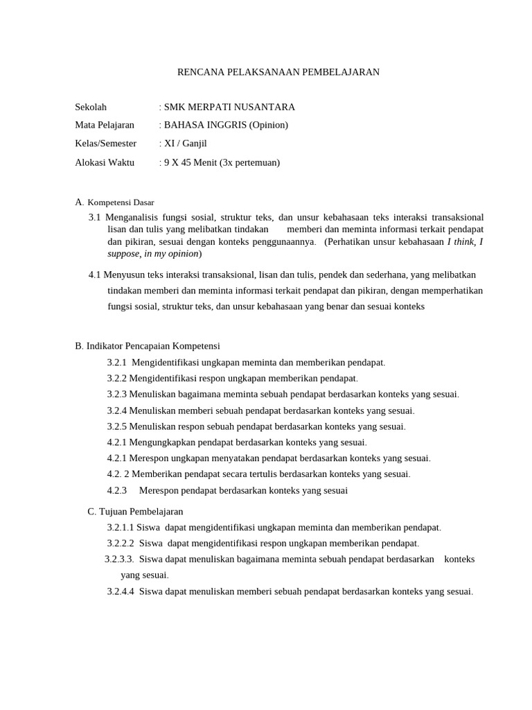 RENCANA PELAKSANAAN PEMBELAJARAN Bahasa Inggris Elvi | PDF