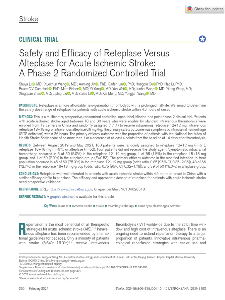 Li Et Al Safety and Efficacy of Reteplase Versus Alteplase For Acute ...