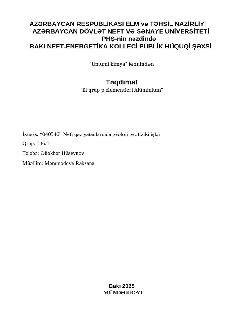 Ümumi kimya lll qrup p elementleri Alüminium | PDF