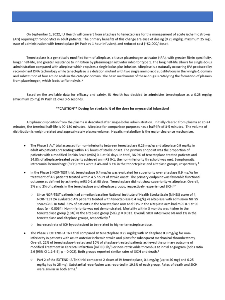Tenecteplase For Adult Acute Ischemic Stroke: IU Health Status Update ...