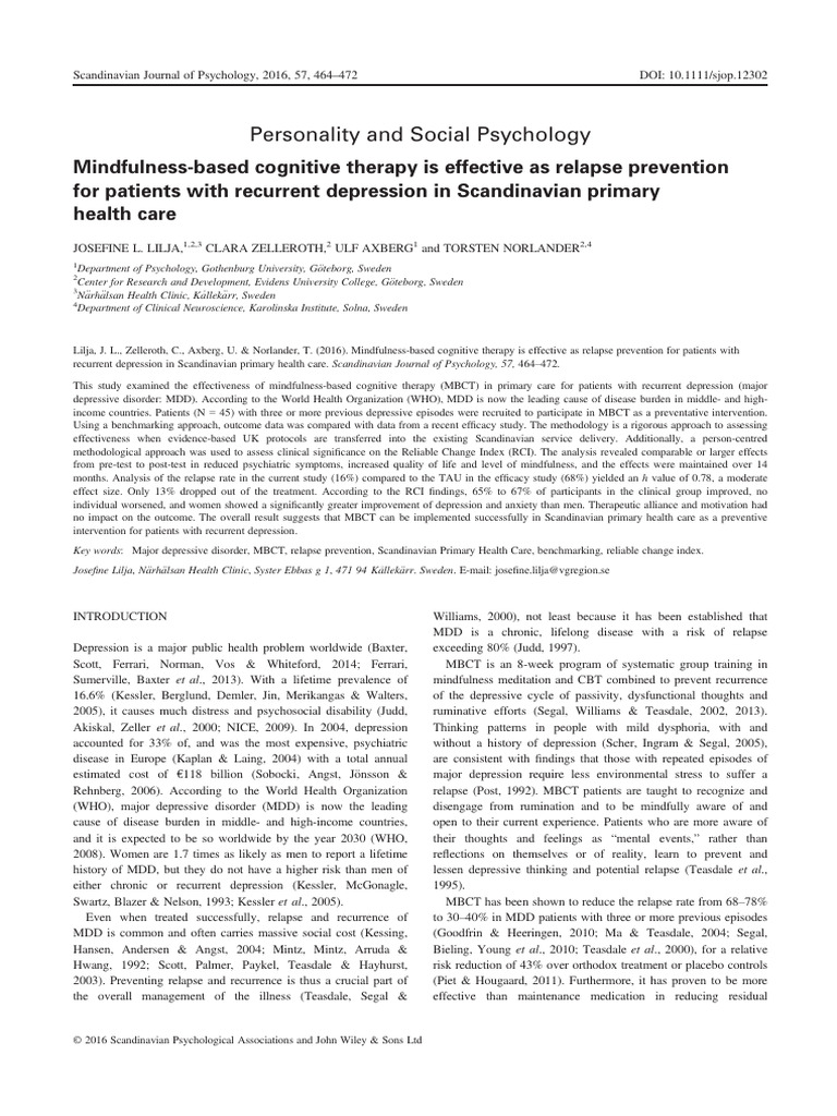 Mindfulness-Based Cognitive Therapy Is Effective As Relapse Prevention | PDF | Major Depressive ...