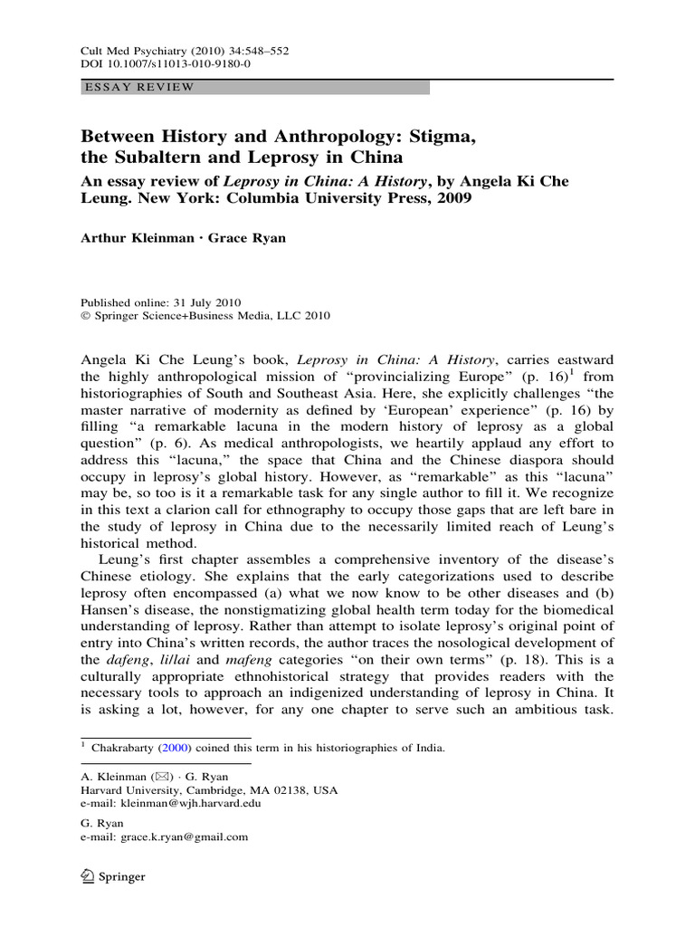 Between History and Anthropology Stigma, The Subaltern and Leprosy in ...