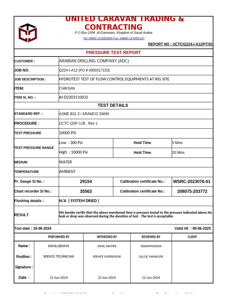 Pressure test Format | PDF