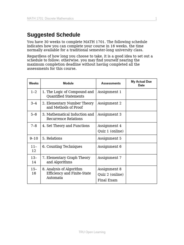 MATH 1701 Course Schedule Overview | PDF