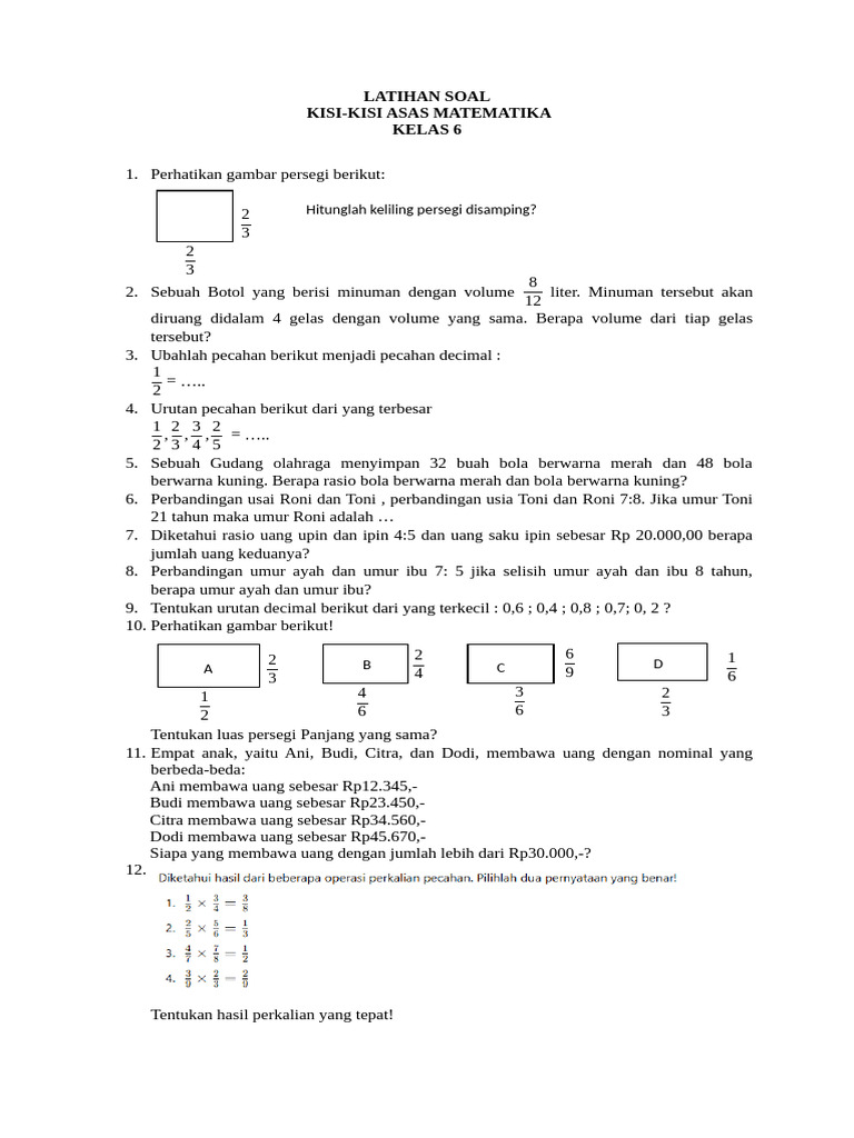 Latihan Soal Asas Matematika Kelas 6 | PDF