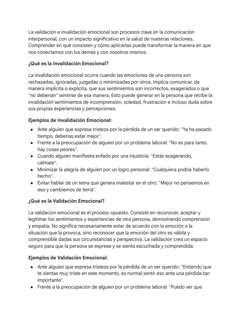 Validar e Invalidar Emociones. Da Ejemplos. Que E... | PDF | Las emociones | Empatía