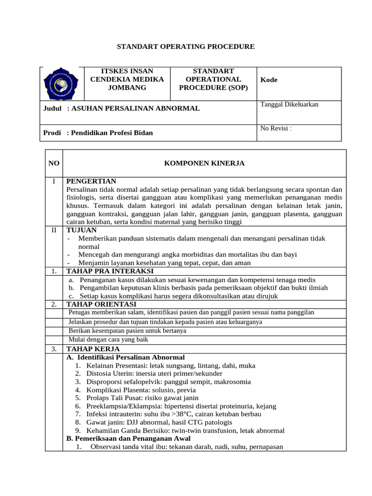 SOP Asuhan Persalinan Abnormal | PDF
