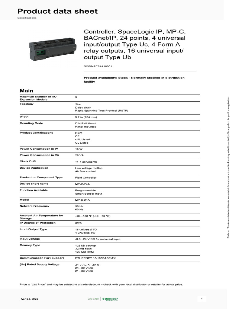 Schneider Electric - SpaceLogic-MPC-Controller - SXWMPC24A10001 | PDF ...