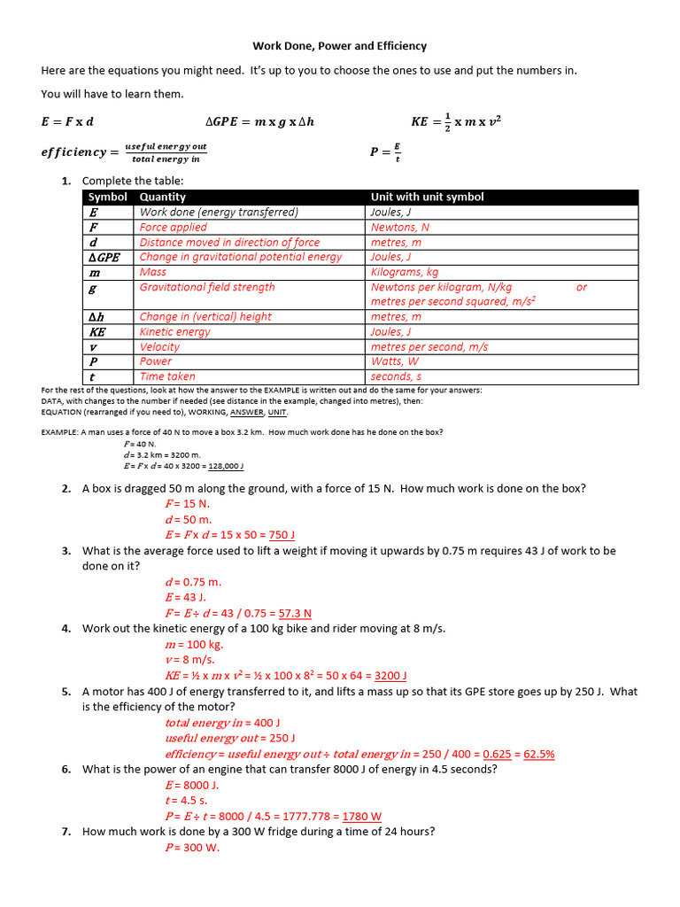 Work Done Power Efficiency Equation Practice ANSWERS | PDF | Force ...