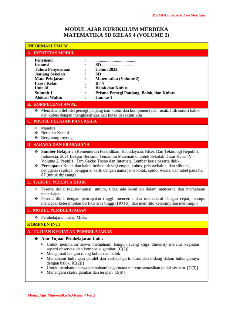 Modul Ajar MTK Unit 18 | PDF