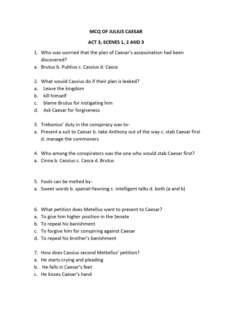 MCQ of Julius Caesar Act 3, Scenes 1,2 and 3 | PDF | Julius Caesar ...