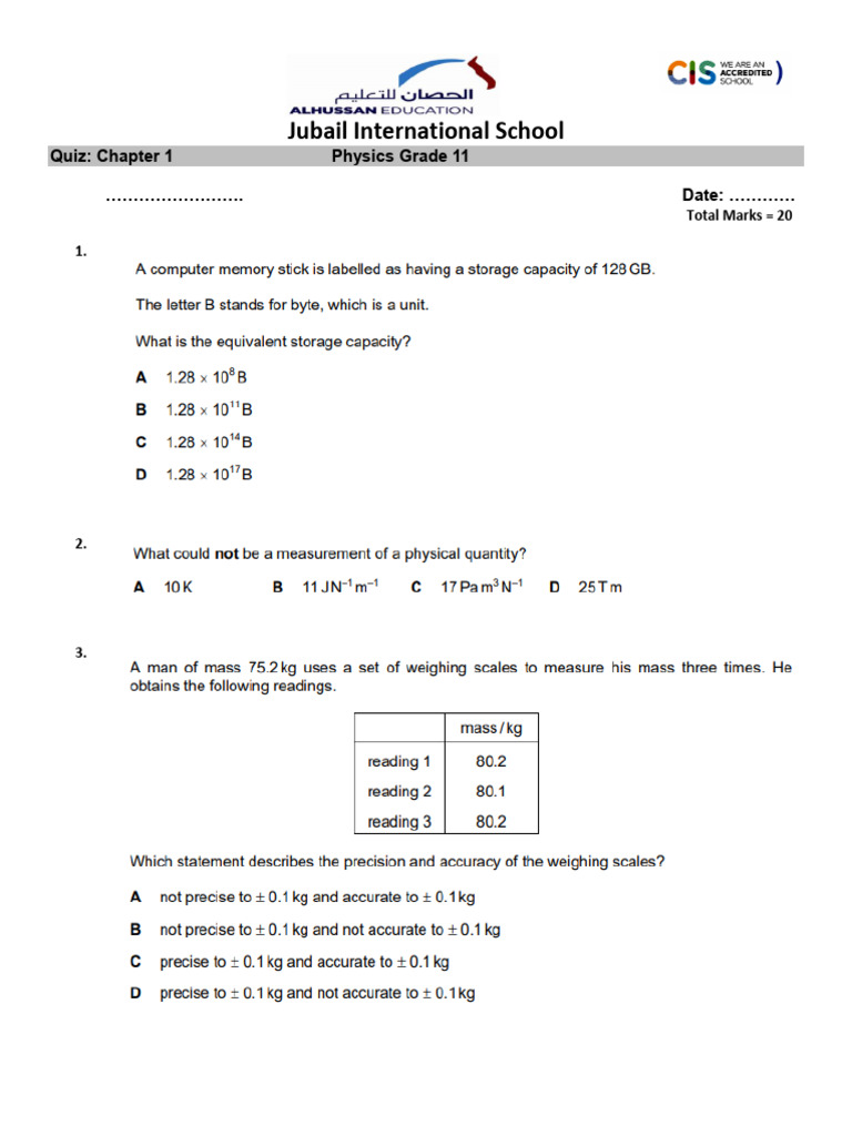 Quiz Chap 1 Physical Quantities and Measurements | PDF