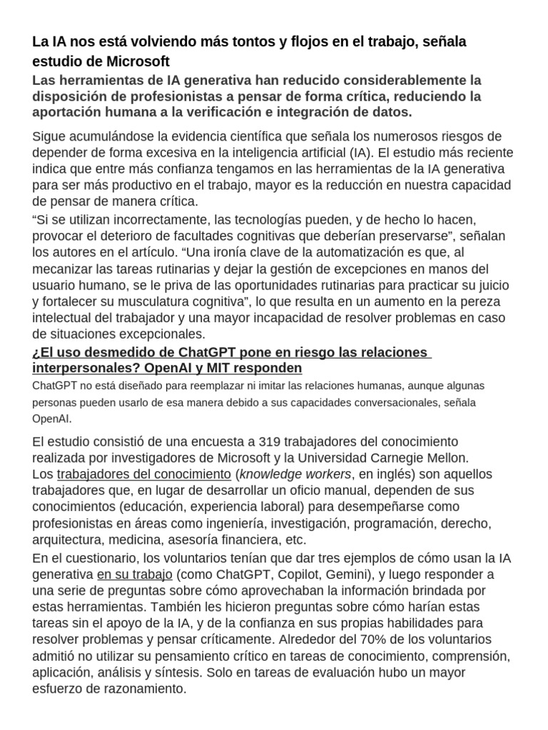 IA y su impacto en el pensamiento crítico laboral | PDF | Inteligencia ...
