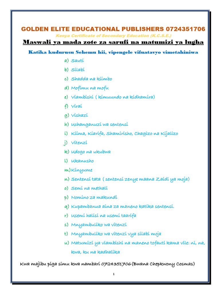 f1-4 Kis Lugha and Isimujamii Topical Assignments | PDF