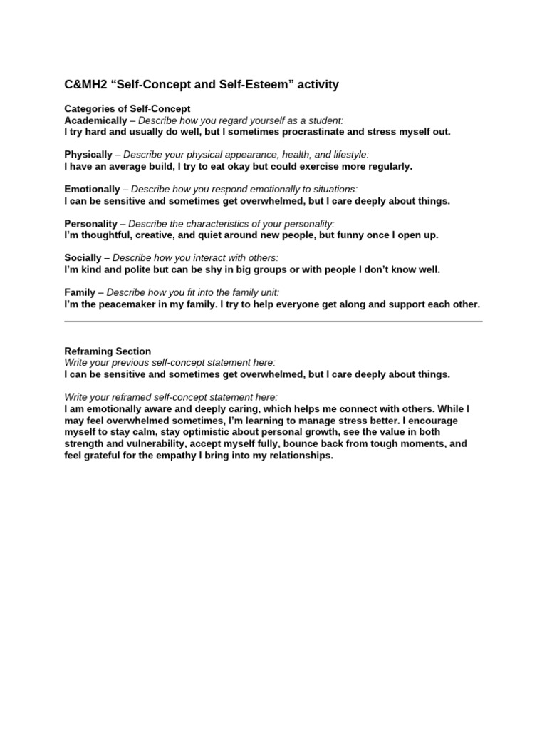 C&MH2 "Self-Concept and Self-Esteem" Activity | PDF